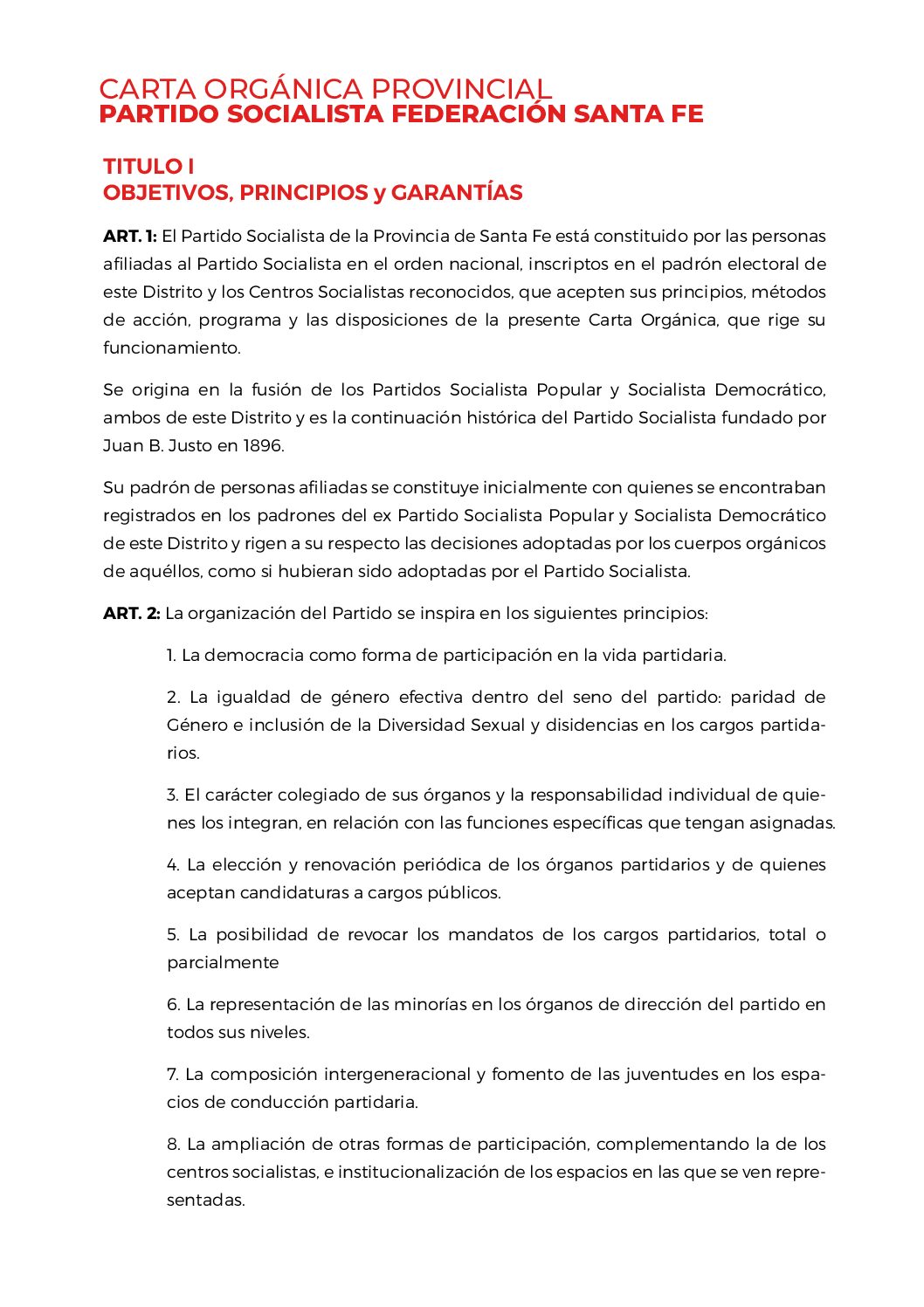 Carta Orgánica PS Santa Fe 2024 | Partido Socialista Santa Fe